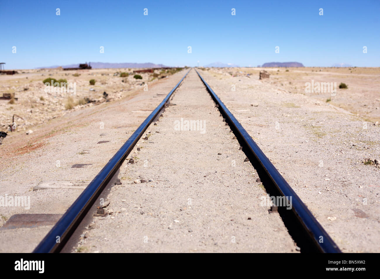 Disused train tracks disappearing into the distance at Uyuni in Bolivia ...