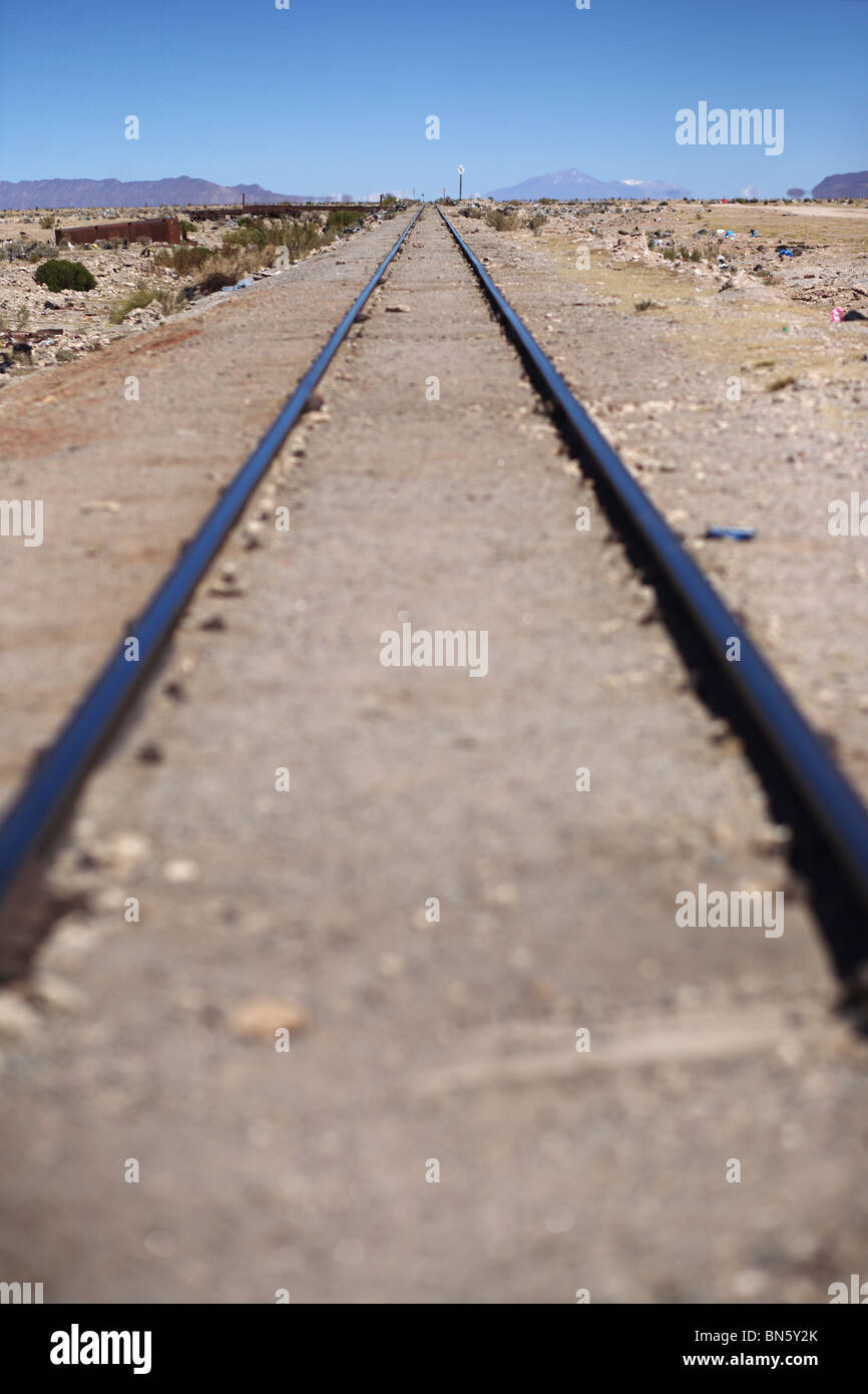 Disused train tracks disappearing into the distance at Uyuni in Bolivia ...