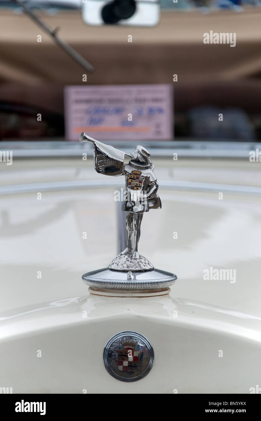 A radiator cap on a 1930's Cadillac car at an American car show on 4th ...