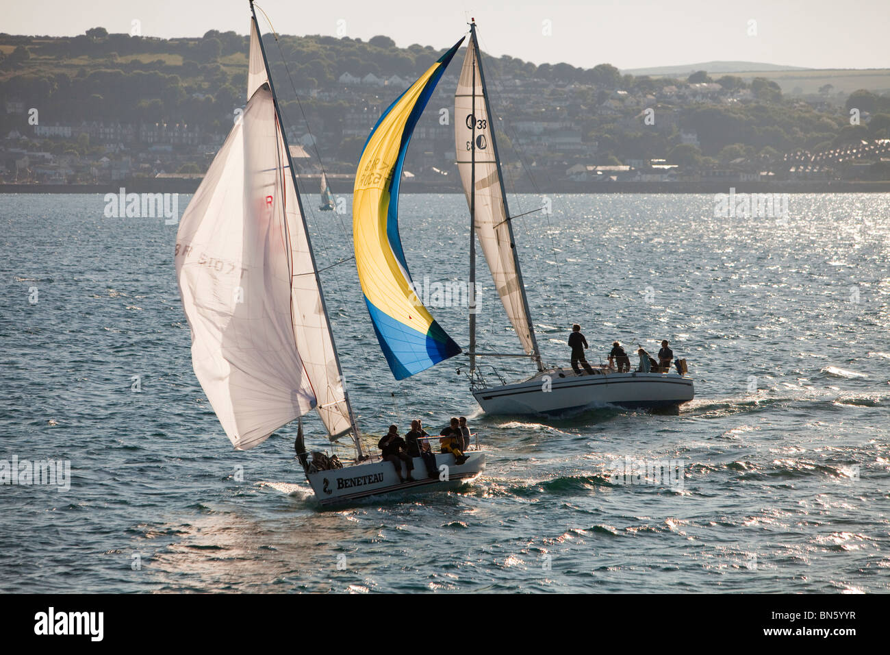 Small sailing boats racing off Penzance, cornwall, UK Stock Photo - Alamy