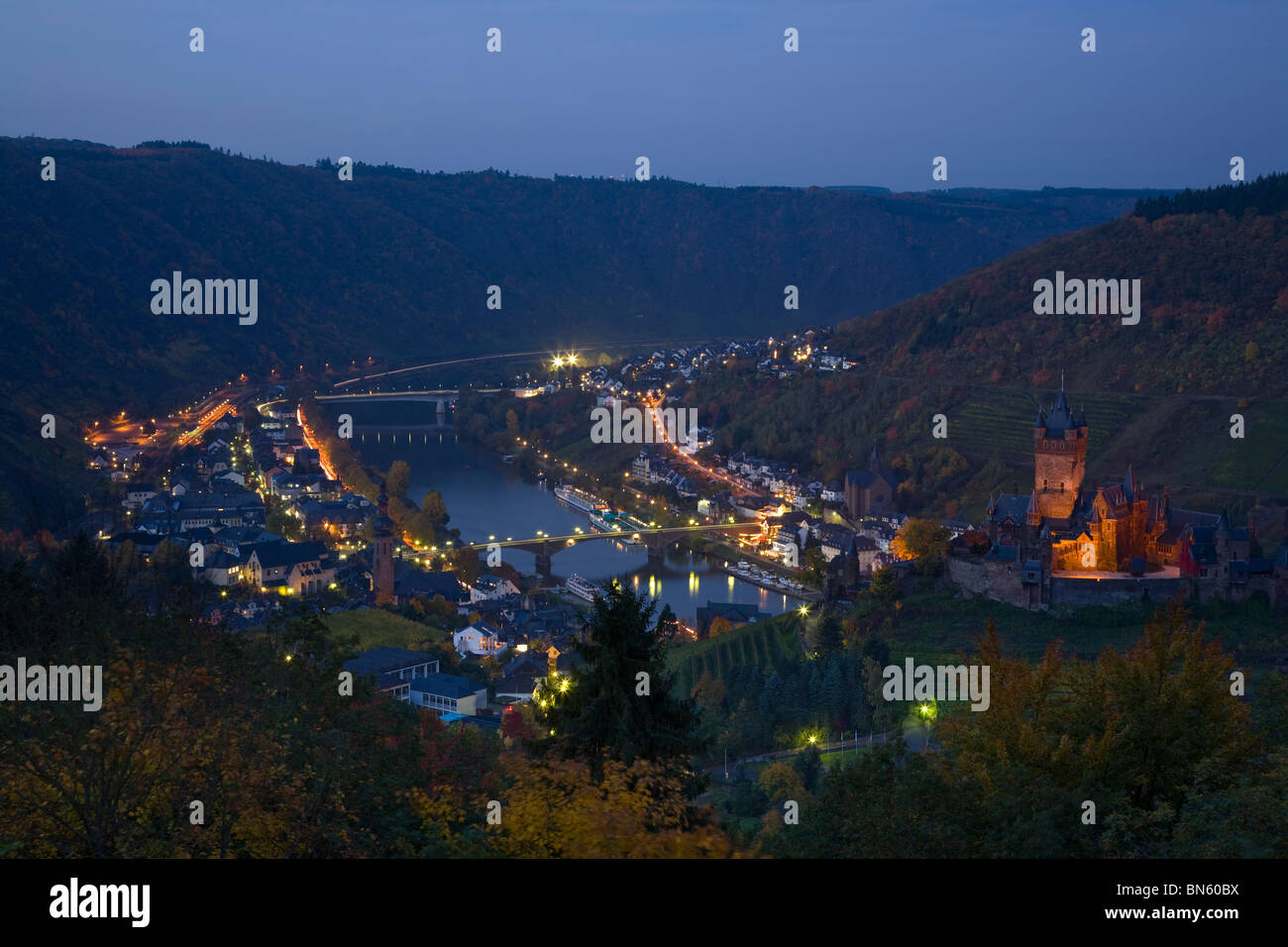 Cochem Castle illuminated at dusk, Cochem, Rhineland / Mosel Valley ...
