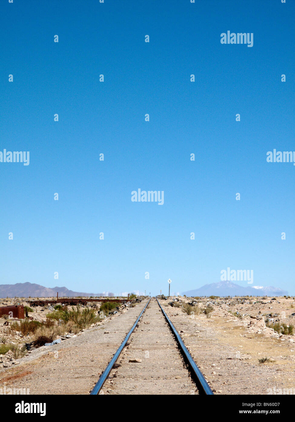 Disused train tracks disappearing into the distance at Uyuni in Bolivia ...