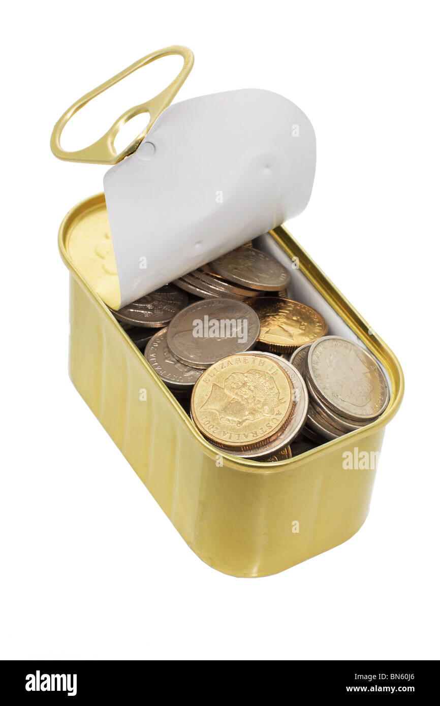 Coins in Tin Can Stock Photo - Alamy