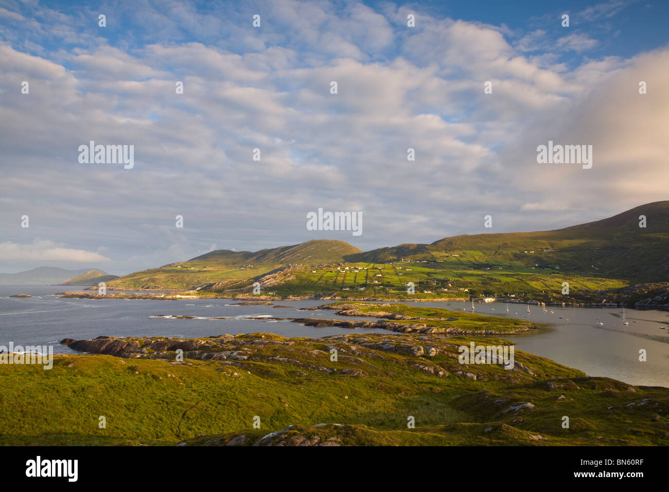 Elevated view over the dramatic coastal landscape of Derrynane Bay ...