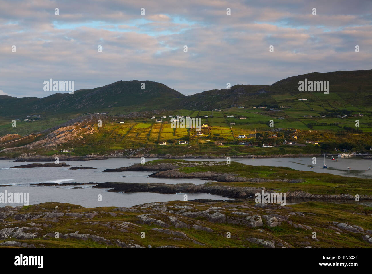 Elevated view over the dramatic coastal landscape of Derrynane Bay ...