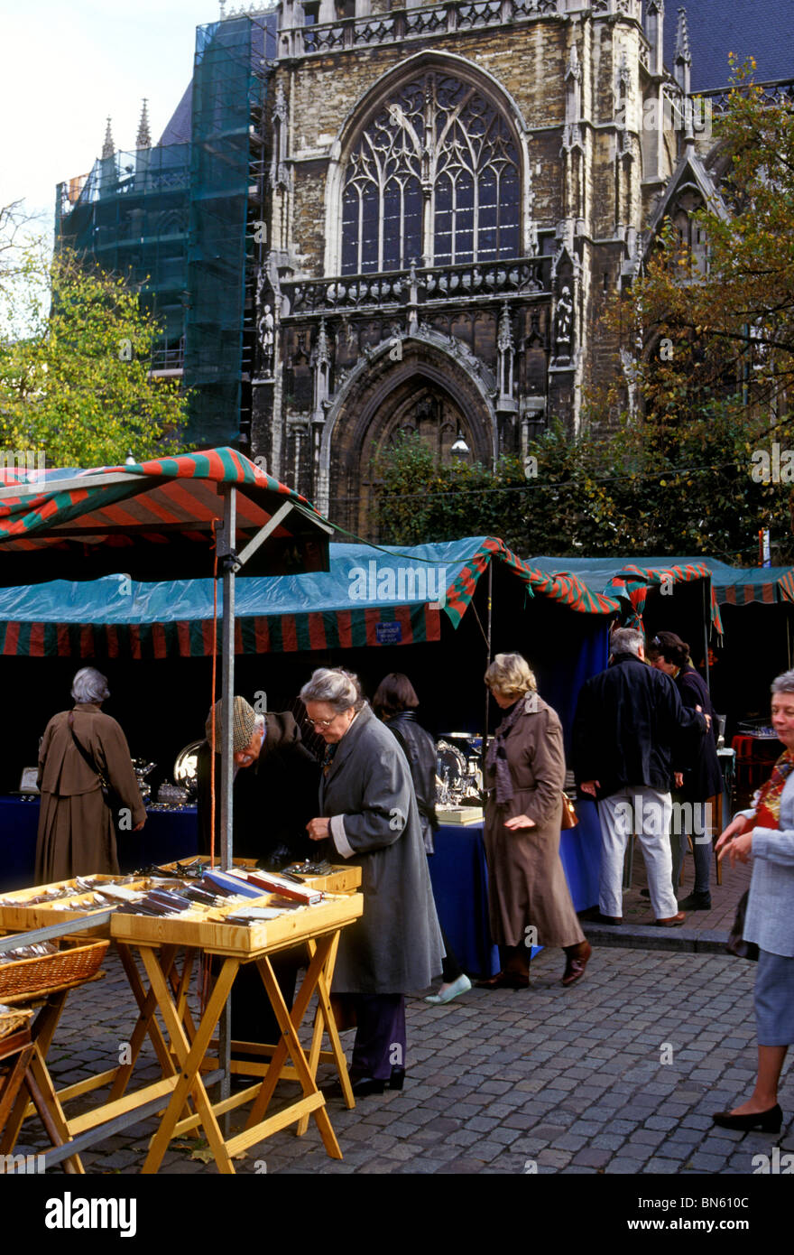 Belgian, people, tourists, shopping, antique market, Place du Grand ...
