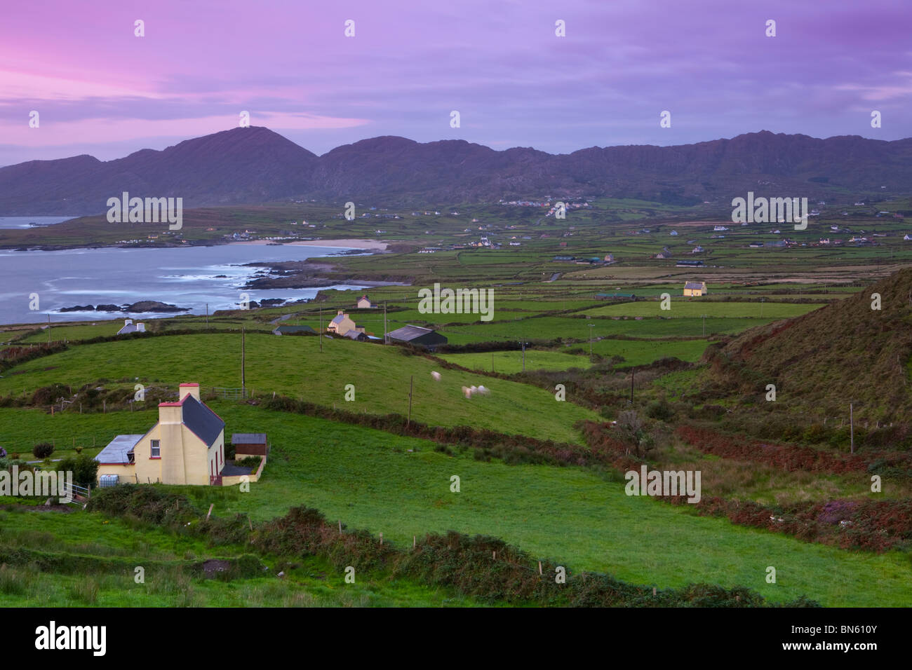 Elevated view over dramatic rural landscape illuminated at dusk ...