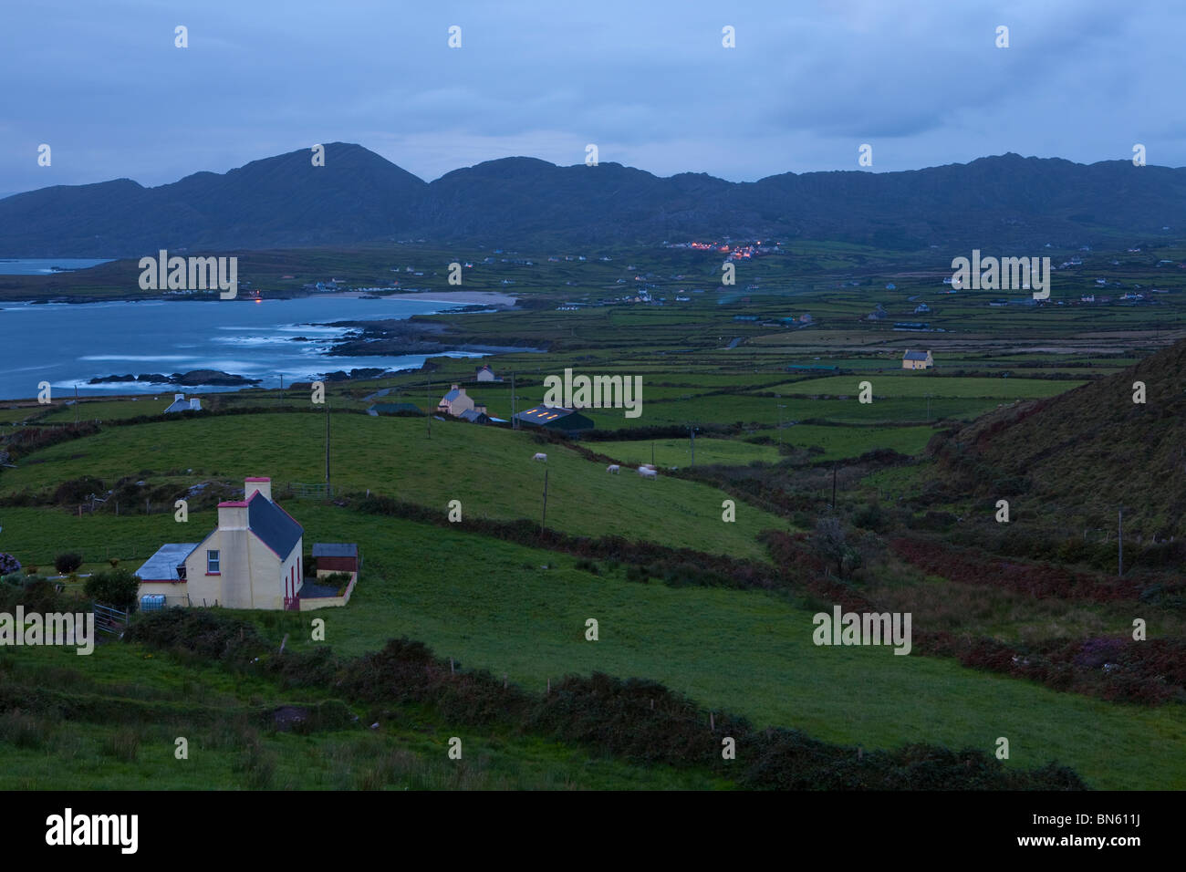 Elevated view over dramatic rural landscape at dusk, Iveragh Peninsula ...