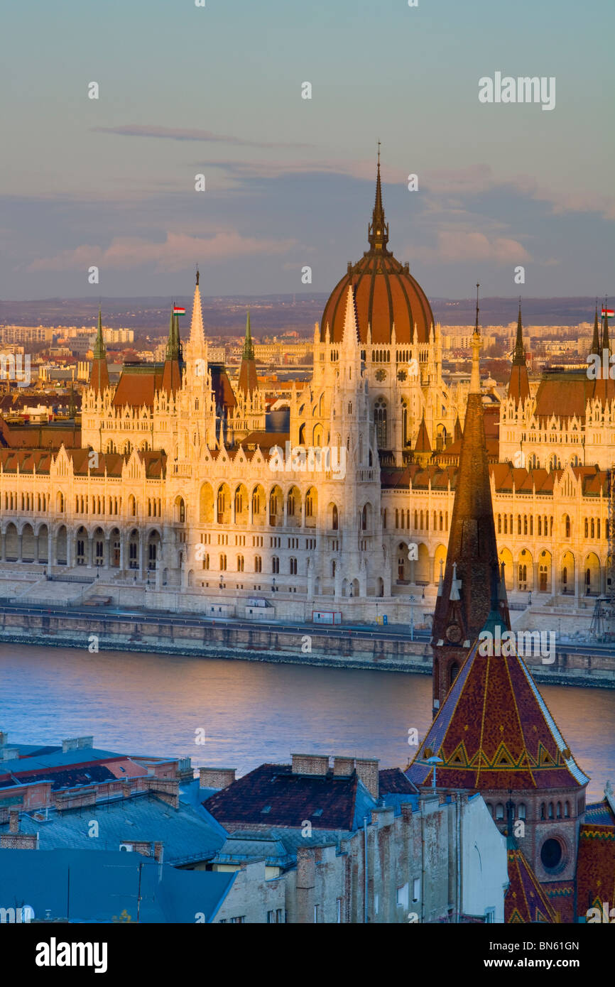 Elevated view over the Hungarian Parliament, as seen from Fisherman's Bastion, Budapest, Hungary ...