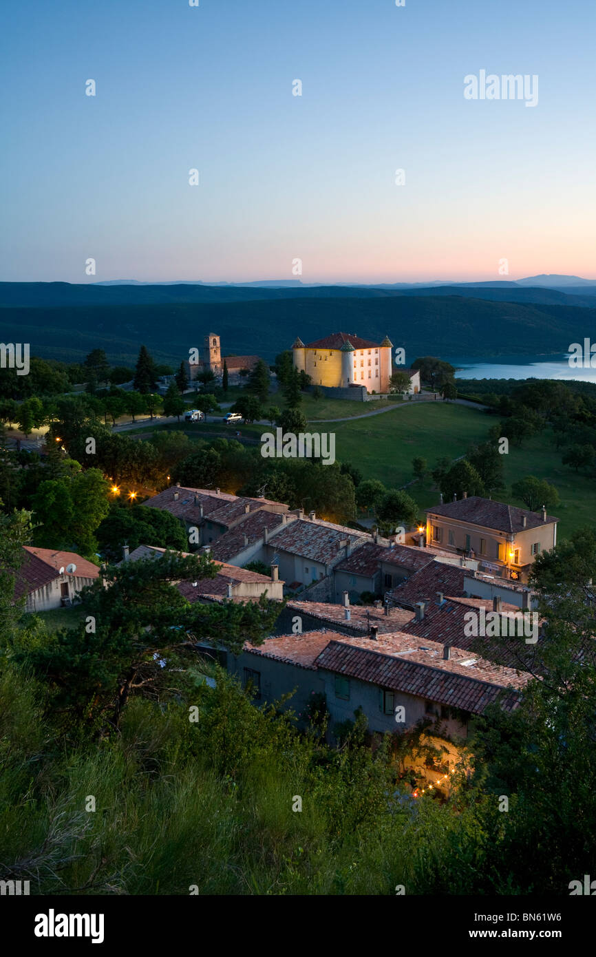 Elevated view over the mountain village of Aiguines at dusk, Gorges du ...