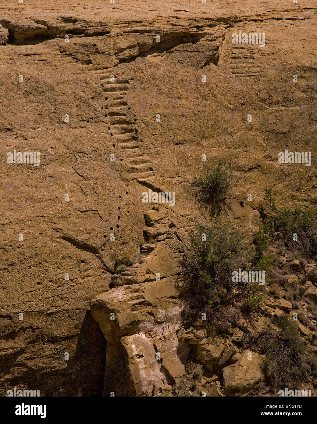 Stairs carved out of the living stone cliff by ancient Native American ...