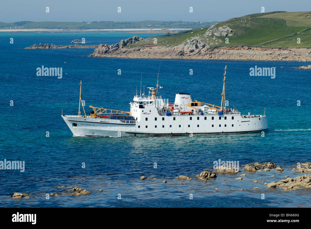The Scillonian III leaving St. Mary's in the Isles of Scilly, Cornwall ...