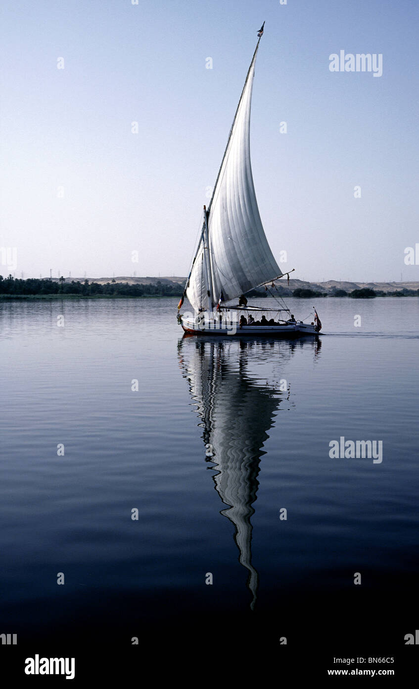 Felucca gliding across the river Nile at dusk between Aswan and Kom ...