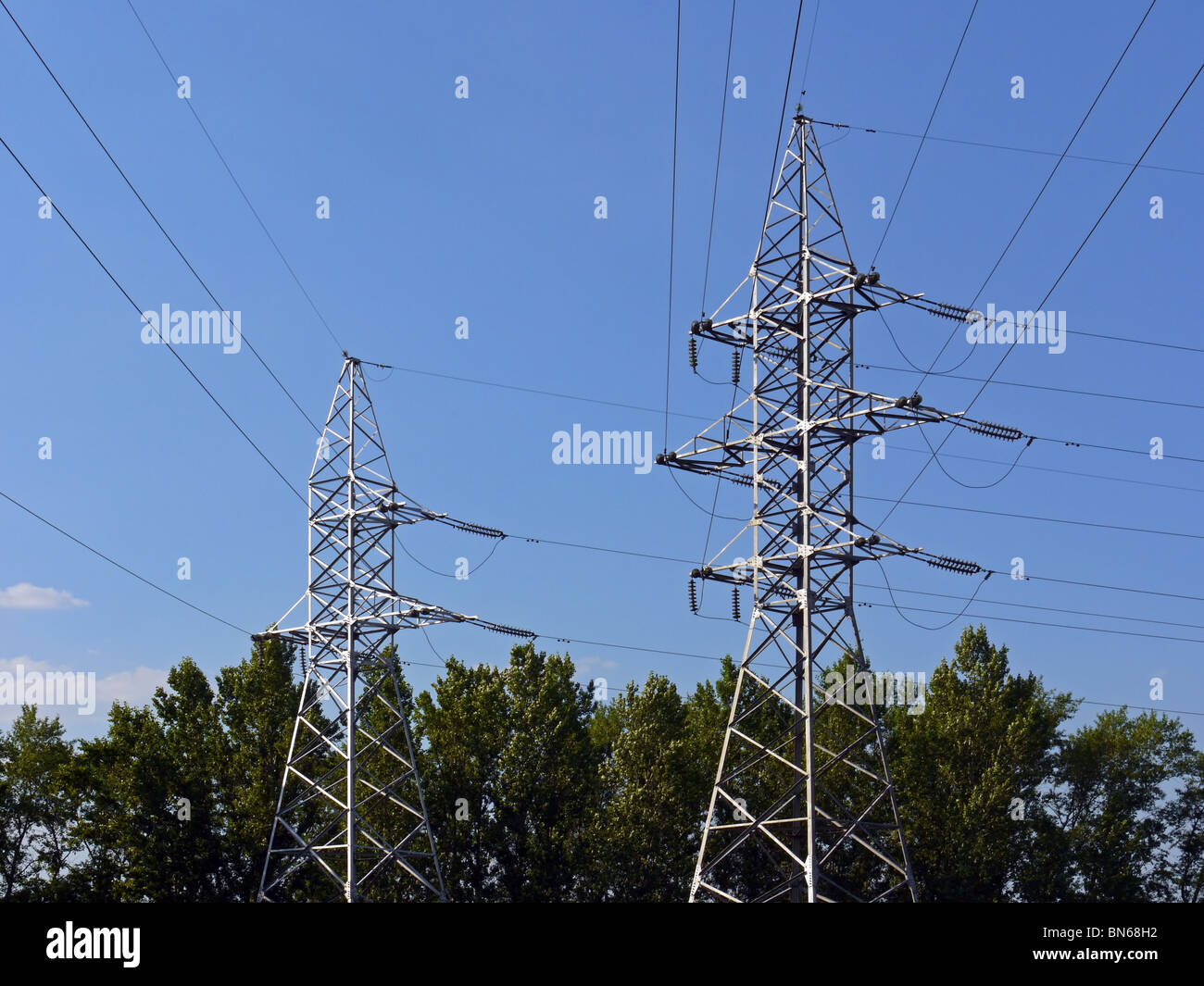 High-tension power line transmission towers, Moscow, Russia Stock Photo ...
