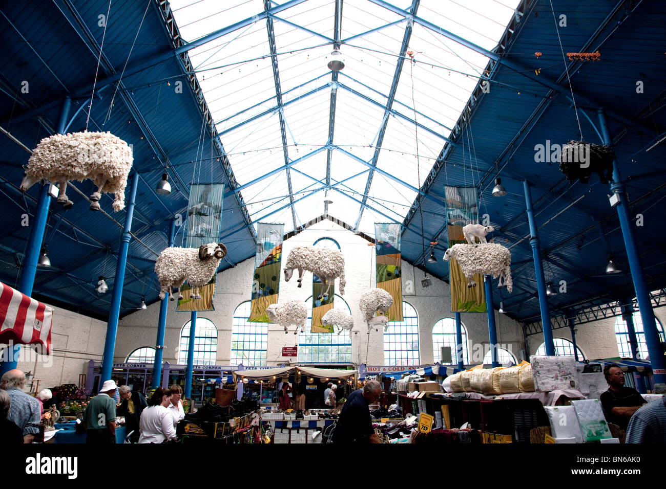 Model sheep hang from roof in indoor market in Abergavenny, Wales Stock ...