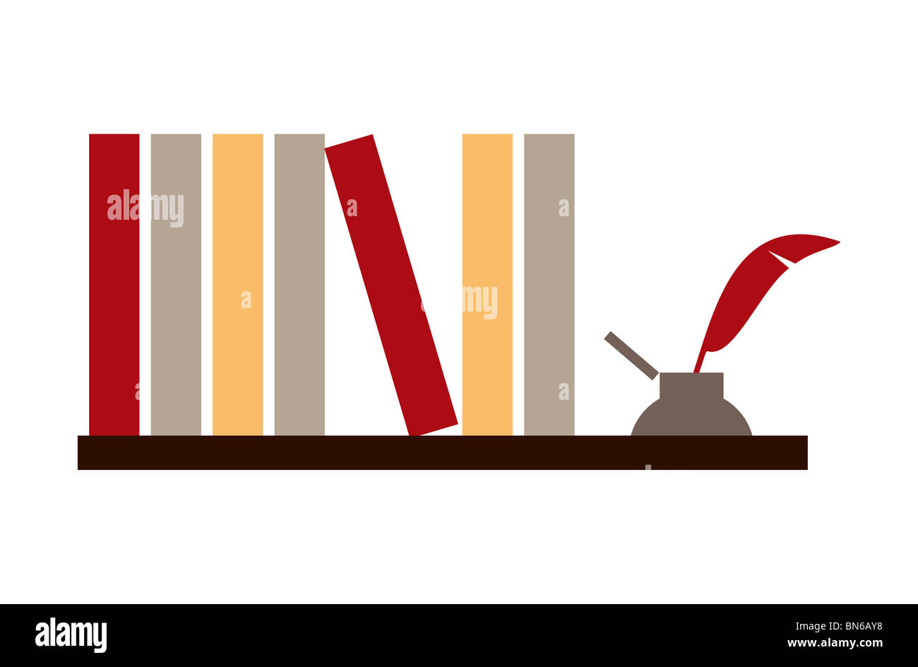 Library shelf with books and inkwell on white background. Vector ...