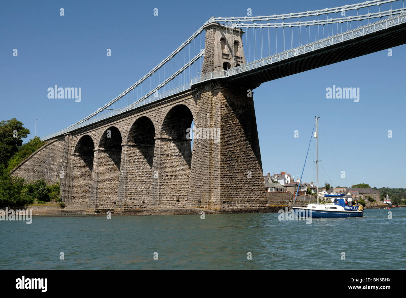 Menai Suspension Bridge Anglesey side North Wales UK Stock Photo - Alamy