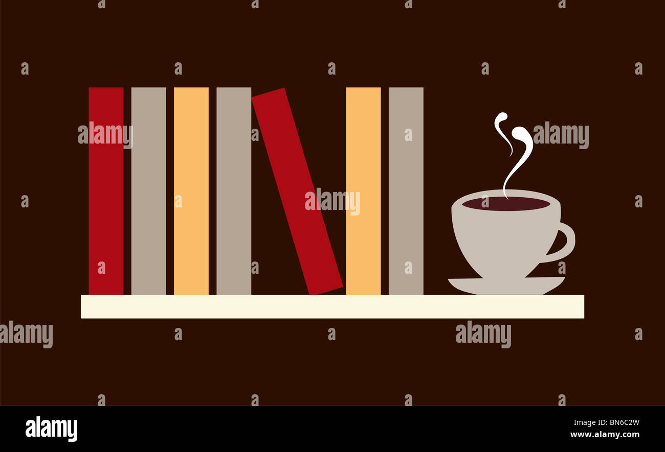 Library shelf with books and cup of coffee. Vector available Stock ...