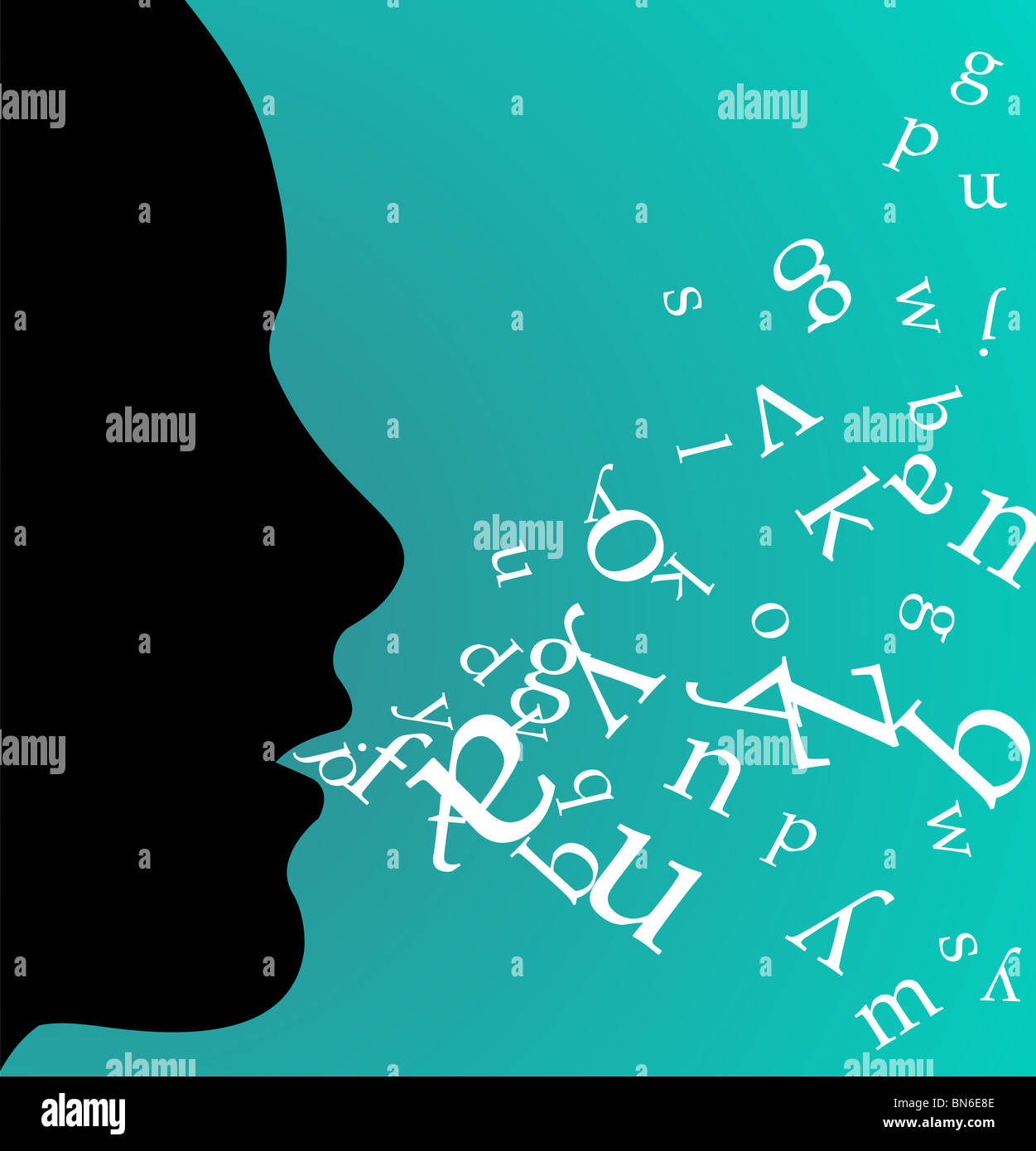 Female profile speaking and throwing letters from her mouth on green ...