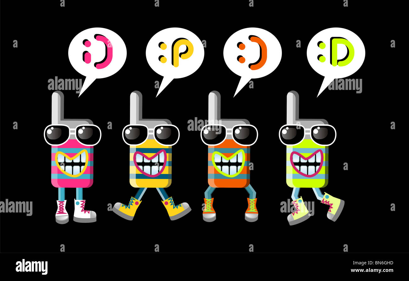 Group of four funky MOBILE PHONES mascots with different expressions ...