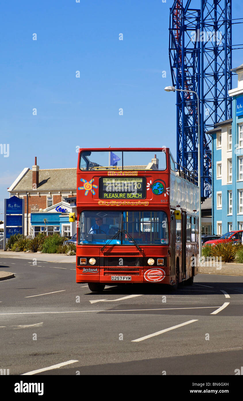 Open top tour bus passing the Big Blue Hotel Blackpool Stock Photo - Alamy