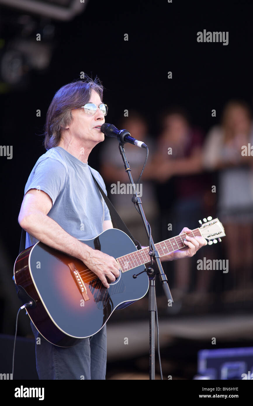 Jackson Browne playing the pyramid stage at the Glastonbury Festival ...
