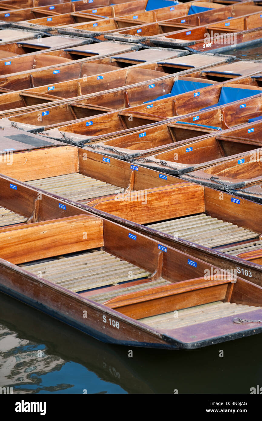 Punts parked on the river Cam at Cambridge. Close up showing patterns ...