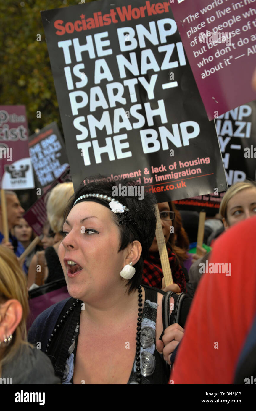 Woman with anti-BNP placard at Unite Against Fascism protest at BBC ...