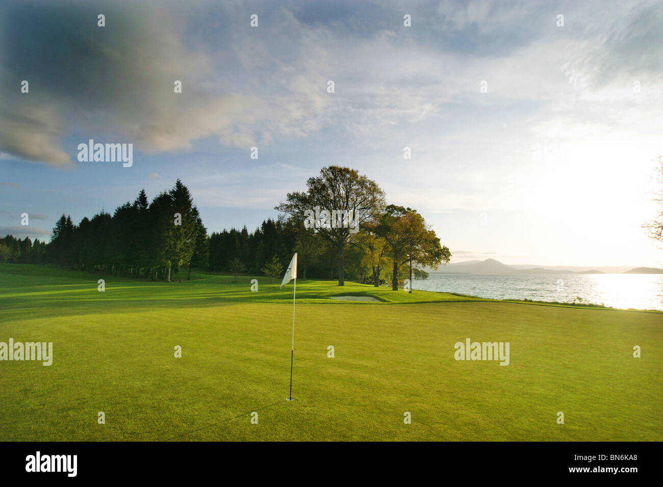 Loch Lomond Golf Course, Glasgow, Scotland. Hole 3 Green with flagstick ...