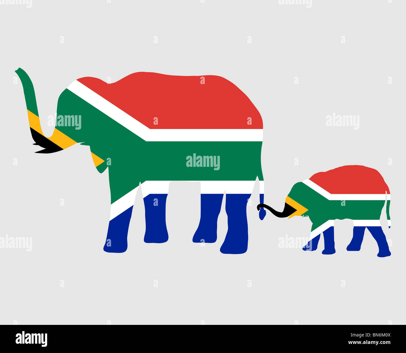 Elephant and baby with flag of south Africa Stock Photo - Alamy