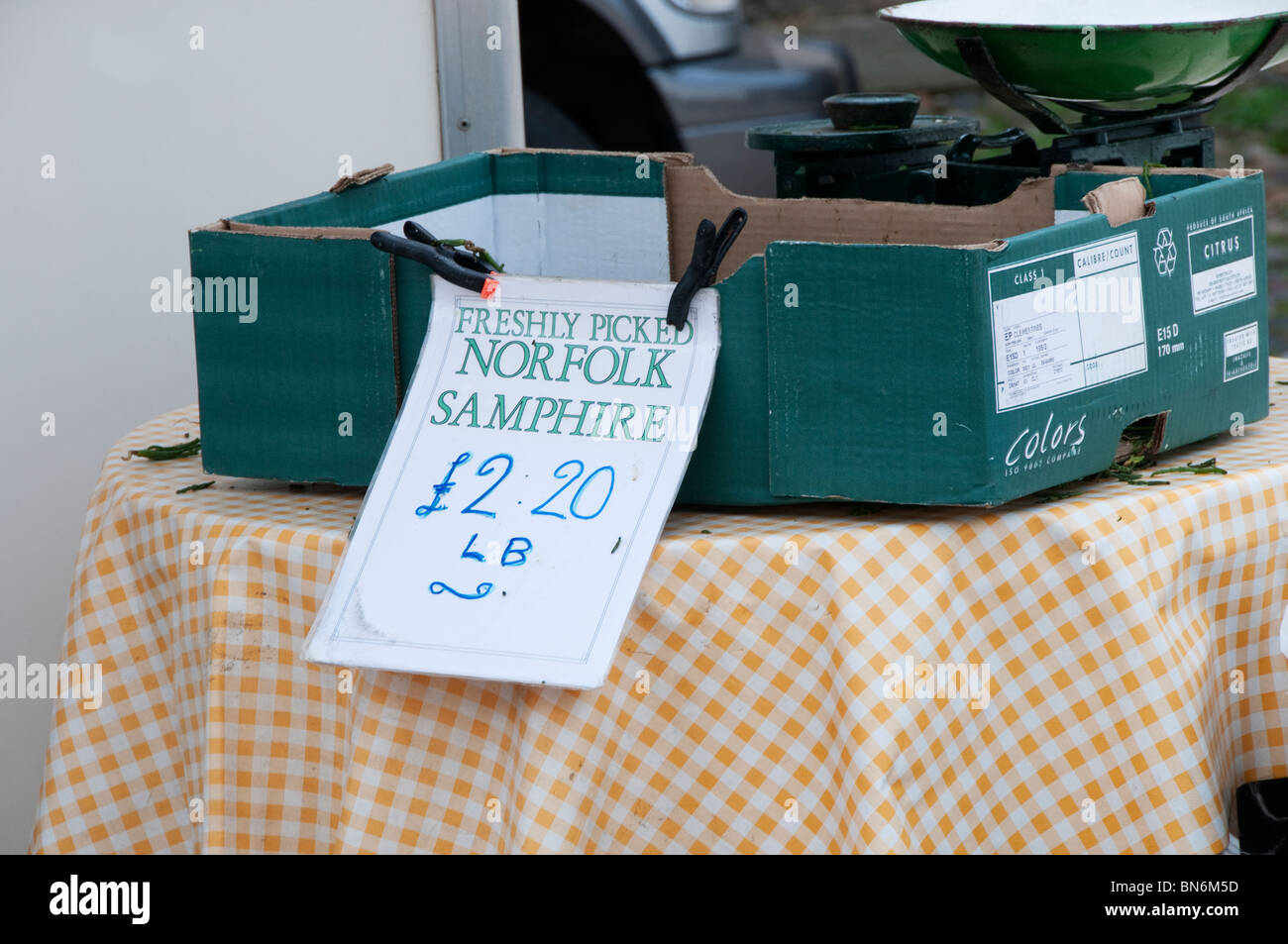 A sign on an empty box of freshly picked Norfolk Samphire Stock Photo ...