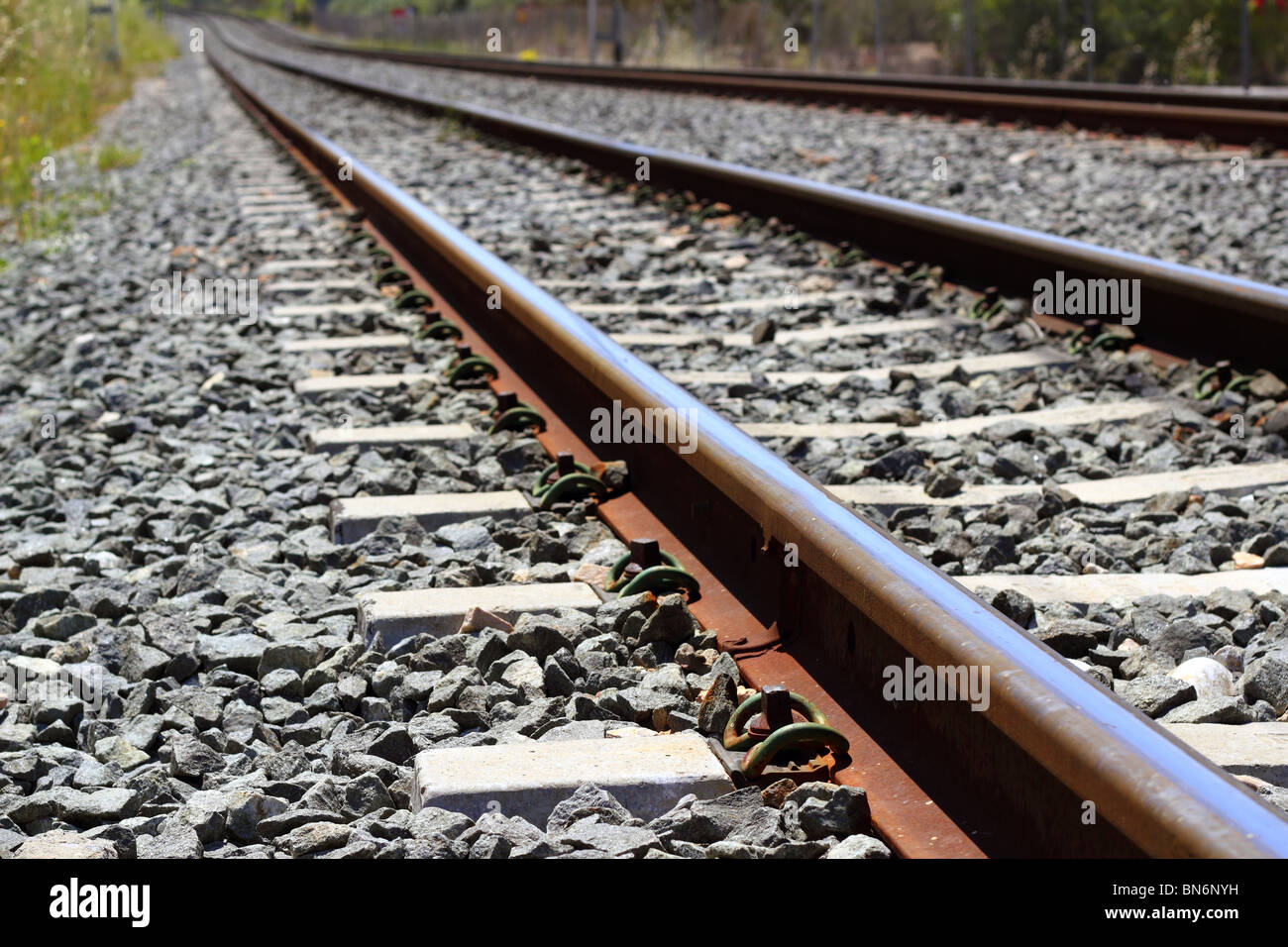 iron rusty train railway detail over dark stones rail way Stock Photo ...