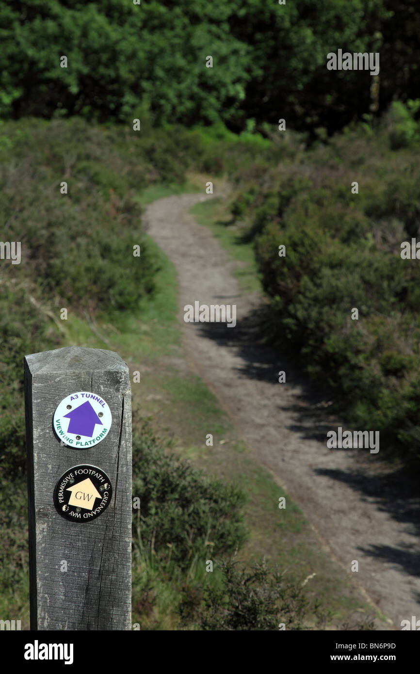 Foot path marker sign on Hindhead Common showing track to the A3 tunnel ...