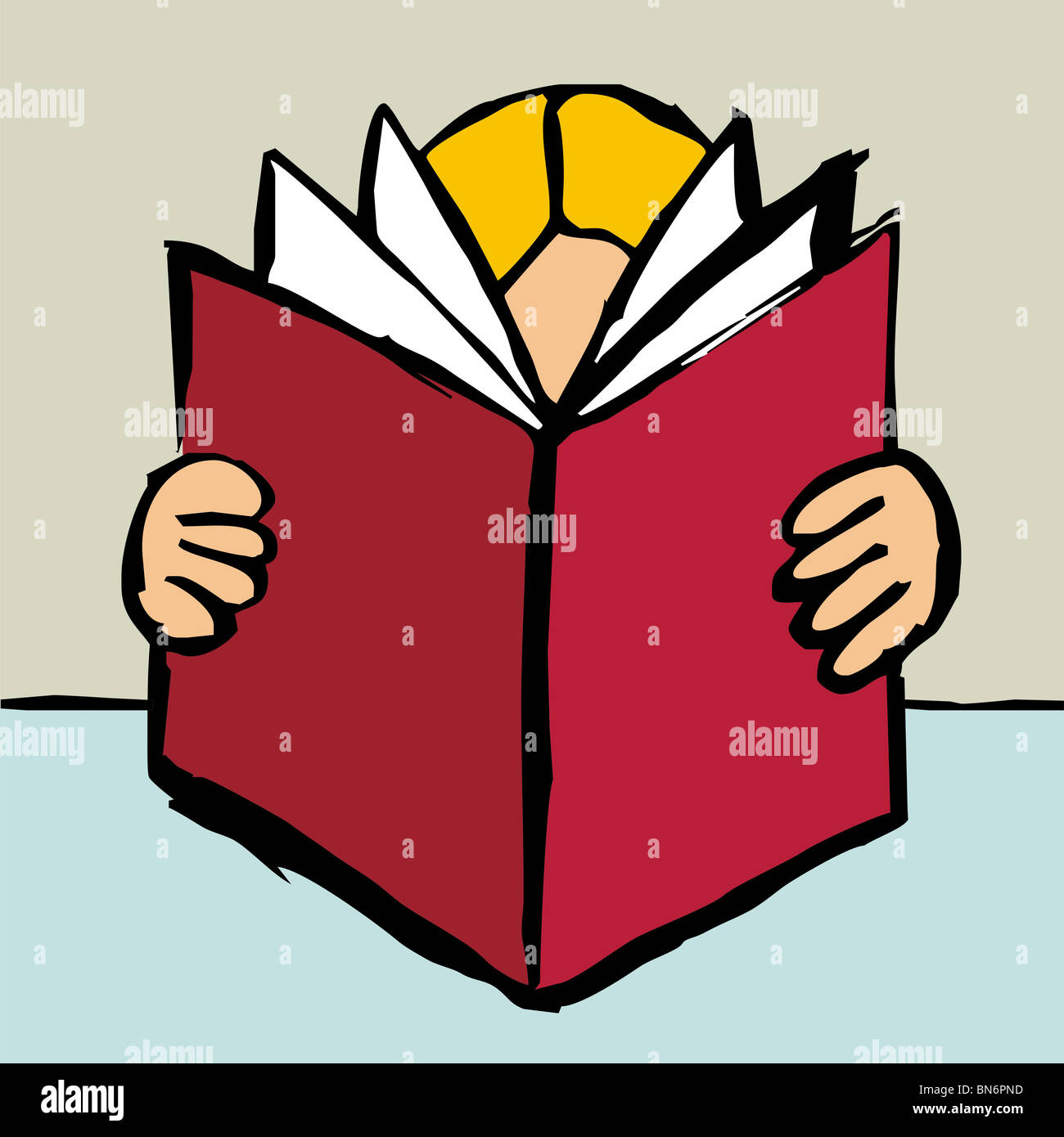 Cartoon style drawing of one blonde person reading a big red book ...