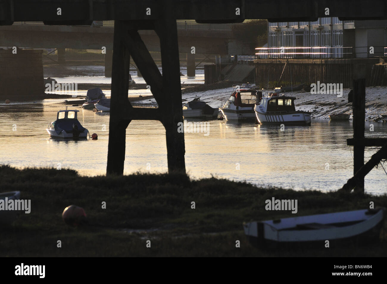 Evening, Dusk , River , view , Bridge ,Boasts ,Calm, Anchored Stock ...