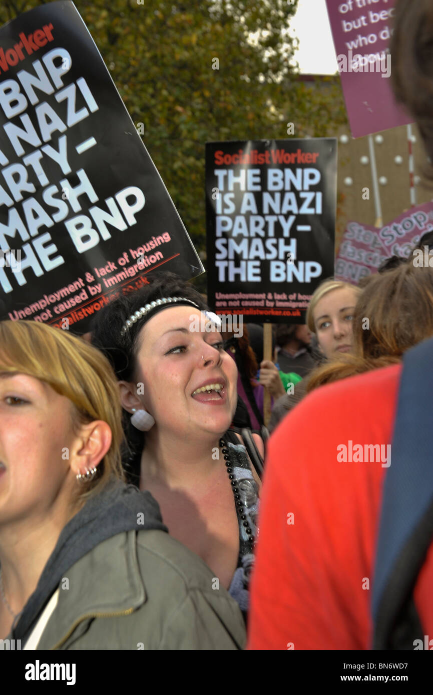 Woman with anti-BNP placard at Unite Against Fascism protest at BBC ...