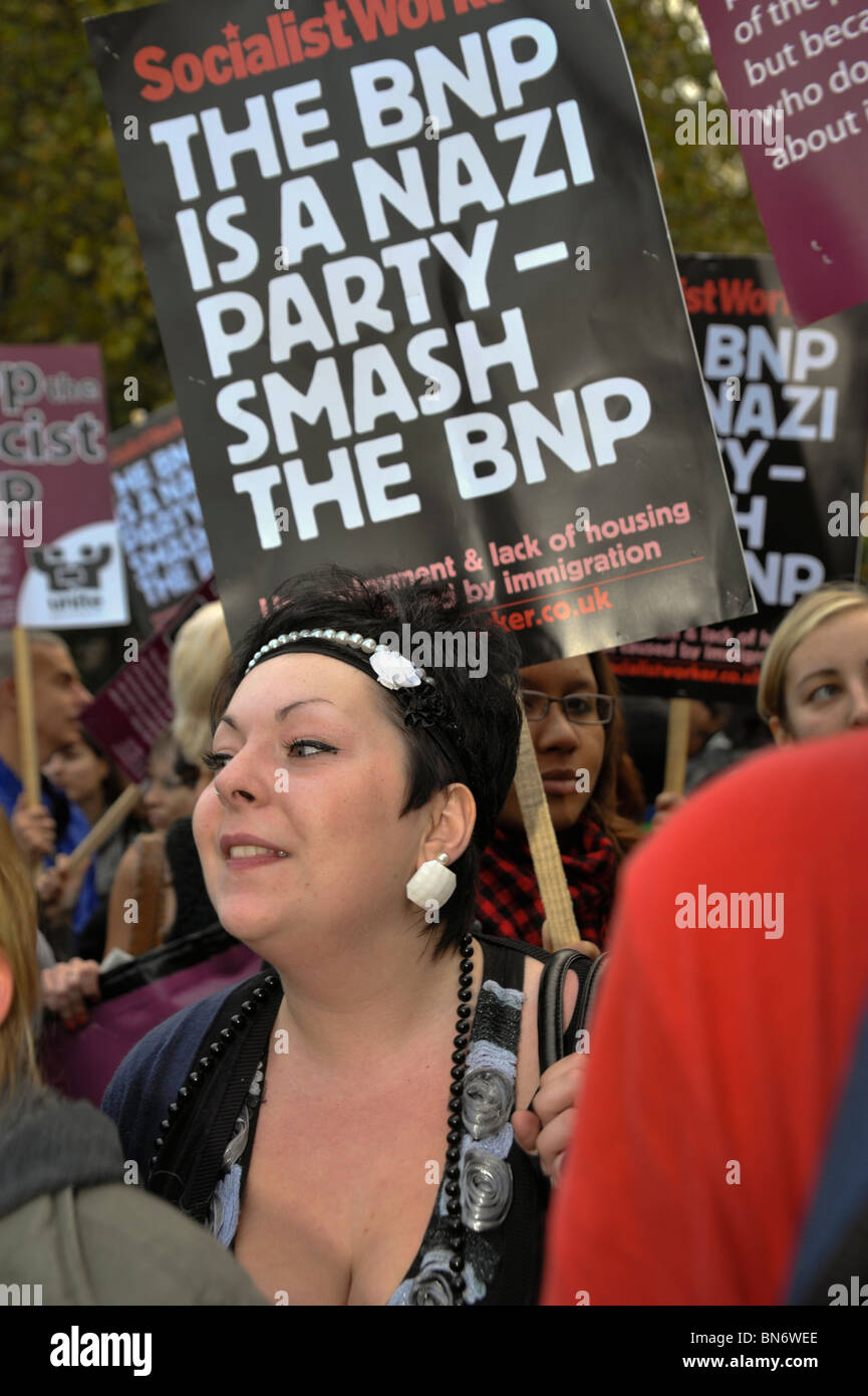 Woman with anti-BNP placard at Unite Against Fascism protest at BBC ...