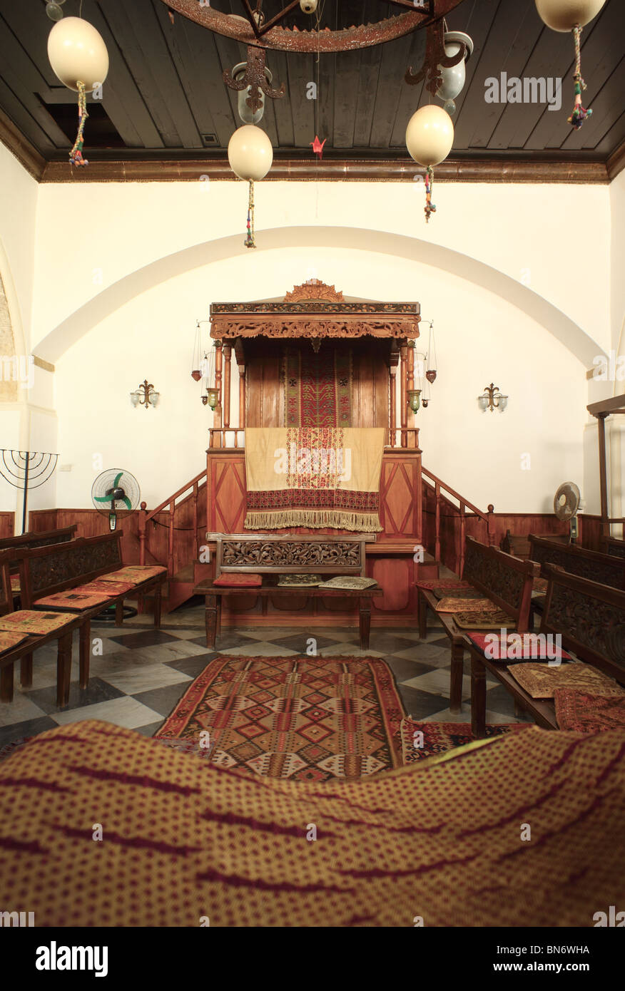 The pulpit in Etz Hayyim synagogue, Crete, Greece, which suffered two ...