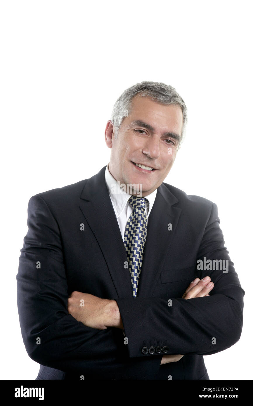 happy senior businessman smiling gray hair black suit white background ...