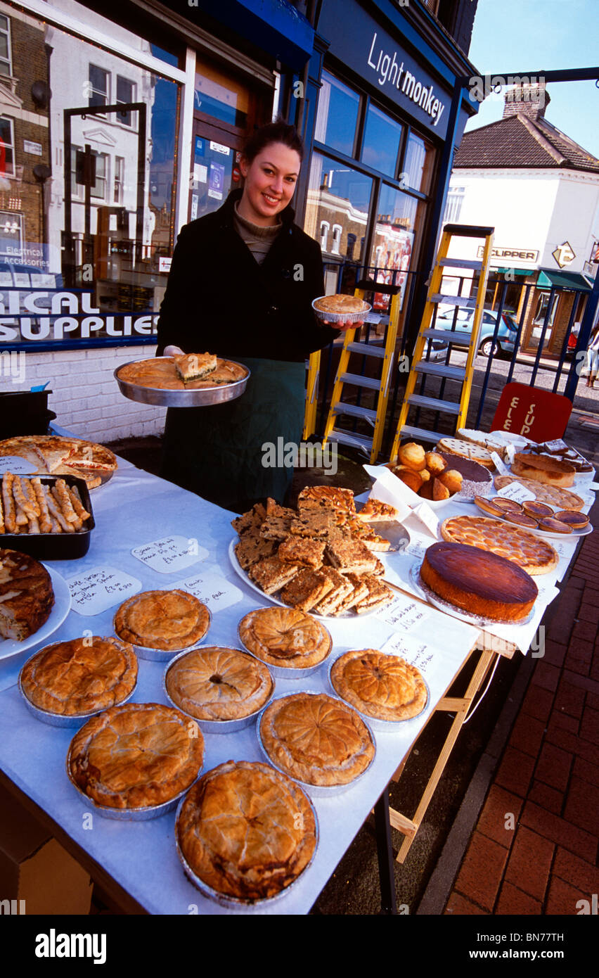 Pie stall and seller in North Cross Road, SE22, Dulwich Saturday Market ...