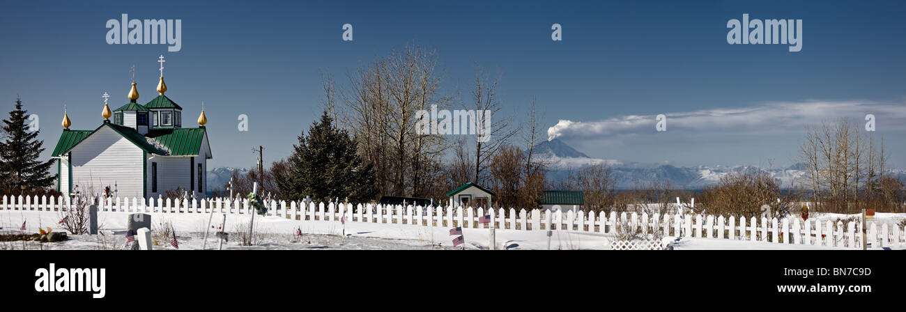 Panoramic view of steam rising from Mt. Redoubt with the Ninilchik ...
