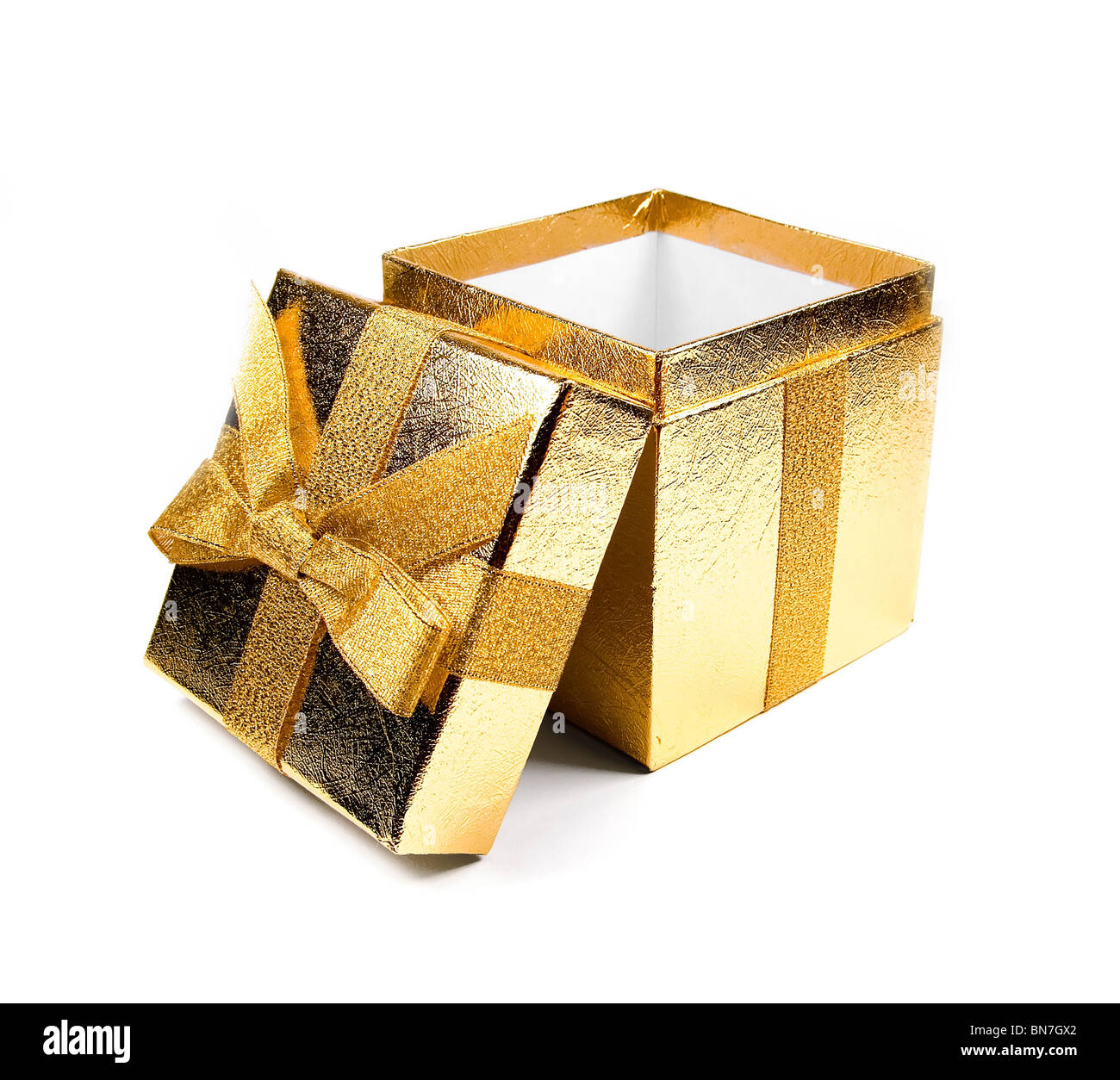 Opened orange shining gift box isolated on white Stock Photo - Alamy