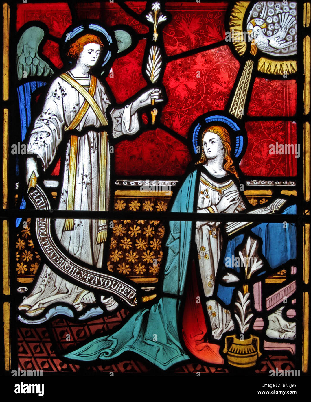 Detail from a stained glass window depicting the Annunciation, Church ...