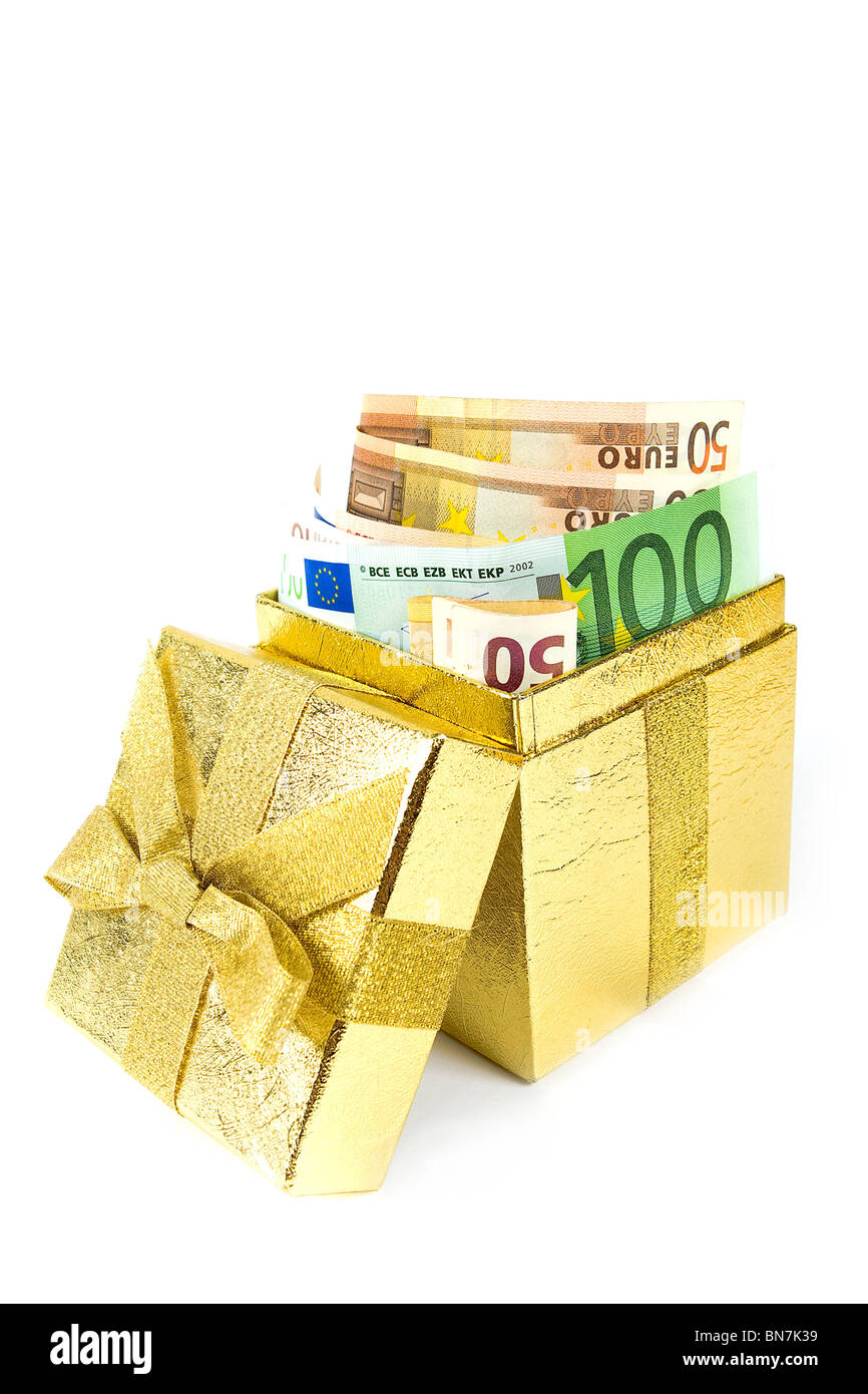 Euro money in golden gift box isolated on white Stock Photo - Alamy