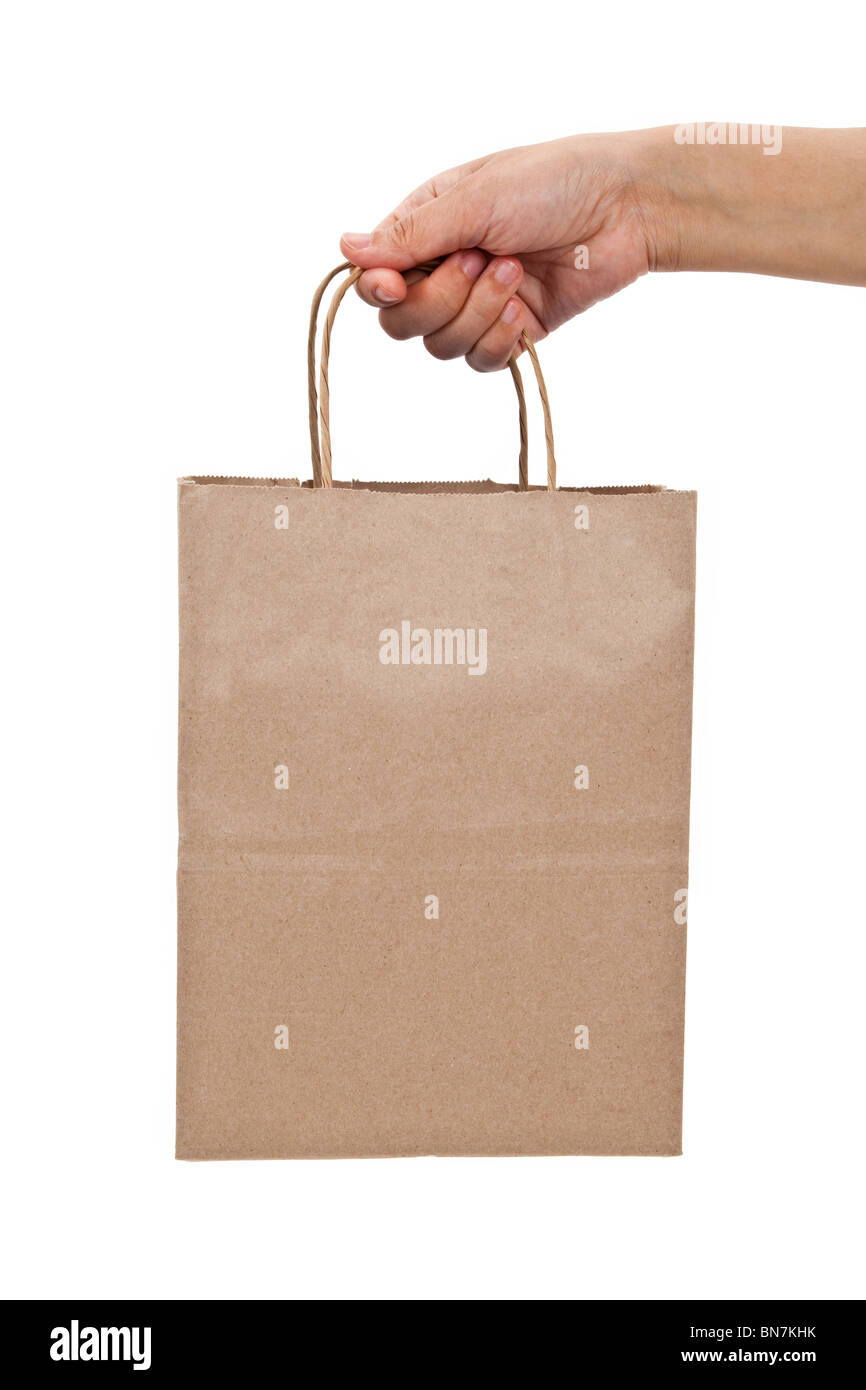 Brown paper shopping bag with white background Stock Photo - Alamy