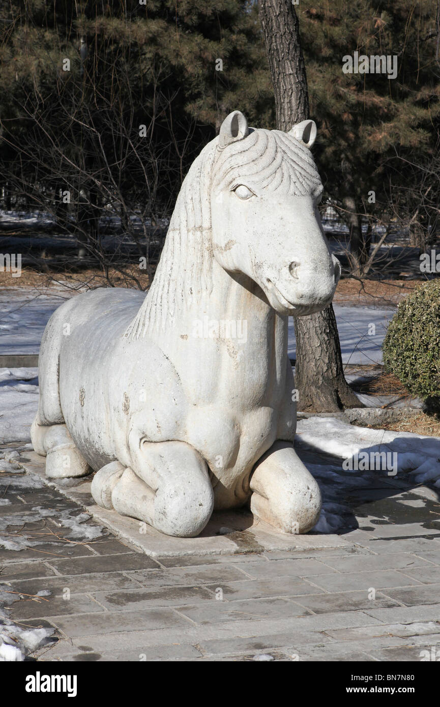China, Beijing, Ming Dynasty Tombs, Changling Tomb, statues of a horse ...