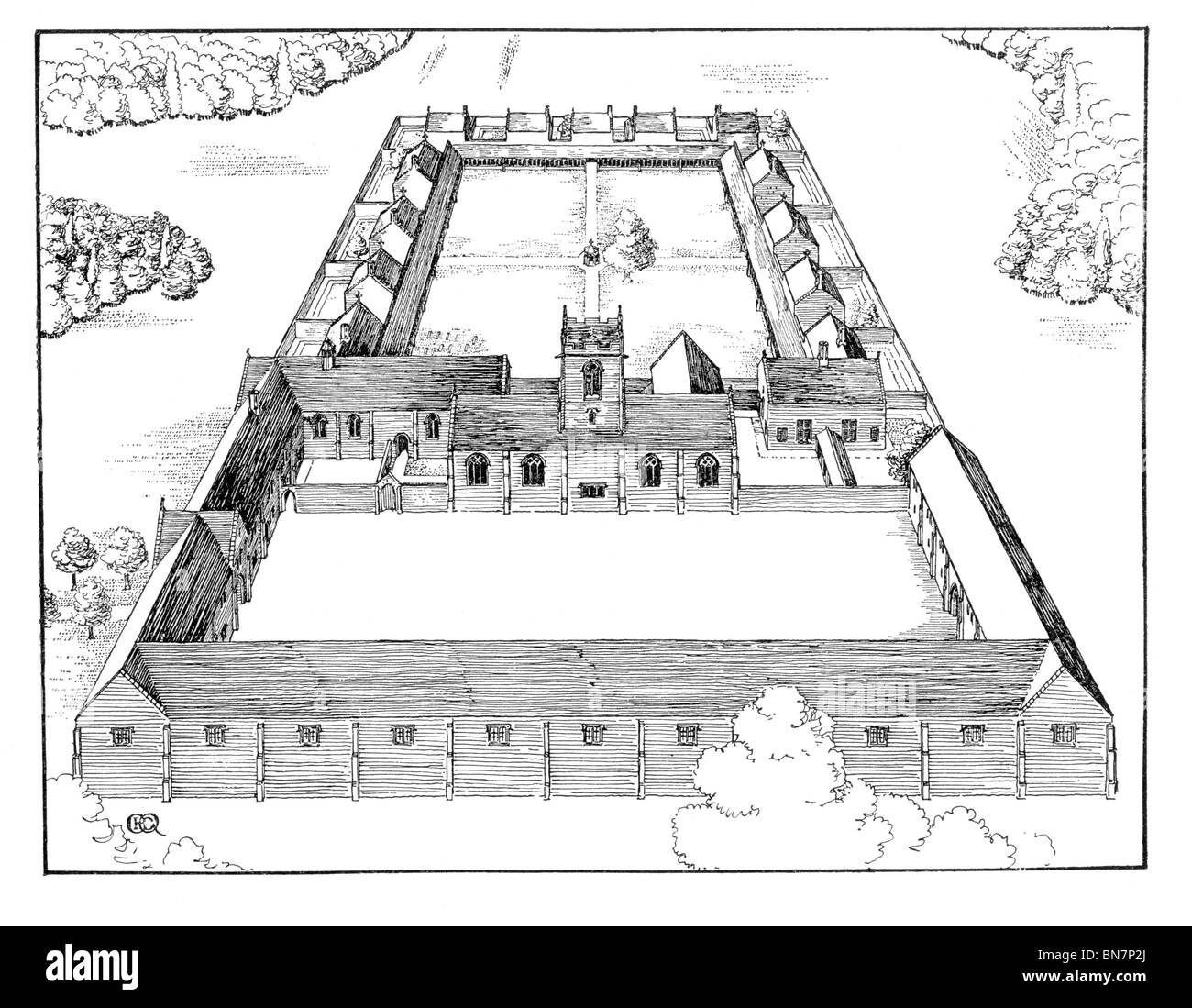 Black and White Illustration of a bird's eye view of a Cathusian ...