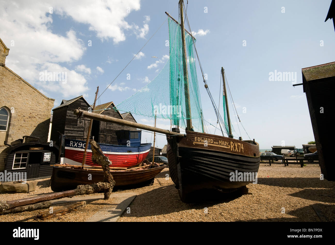 Hastings fishing boats fishermen's huts and beach east Sussex england ...