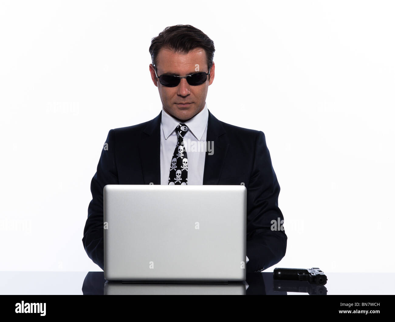 business man caucasian hacker computer attack isolated studio on white ...