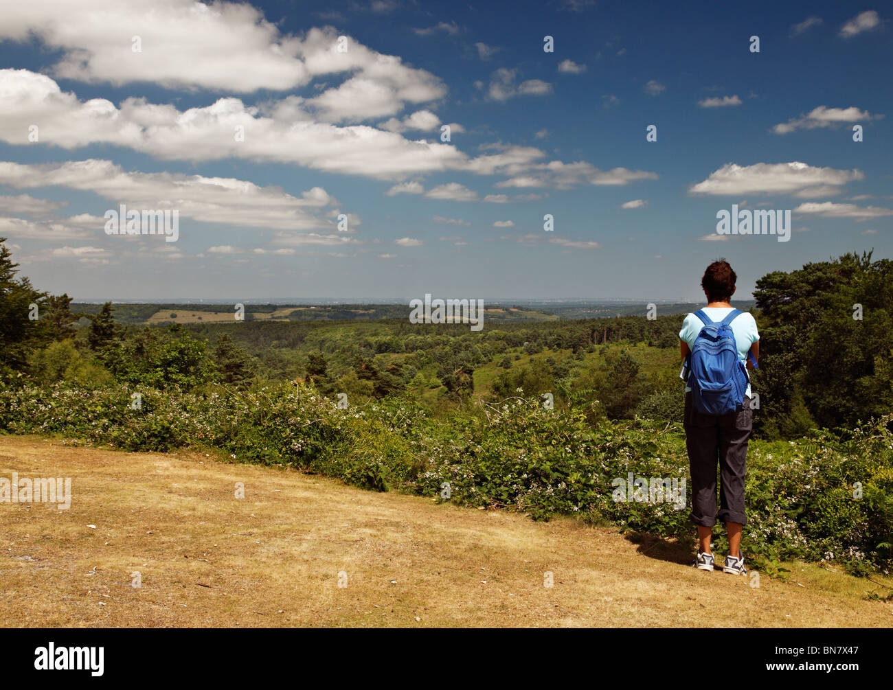 Woman looking north towards London from Leith Hill Stock Photo - Alamy